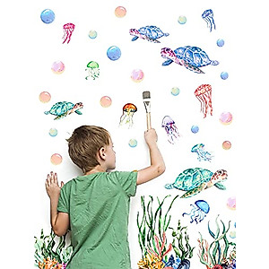 Under The Sea Wall Decals Sea Turtle Seaweed Wall Stickers Kalolary 3D Under The Sea Coral Reef Ocean Grass Bubbles Wall Decals Wall Decoration for Wall Corner Nursery Room Children Bedroom Bathroom Living Room