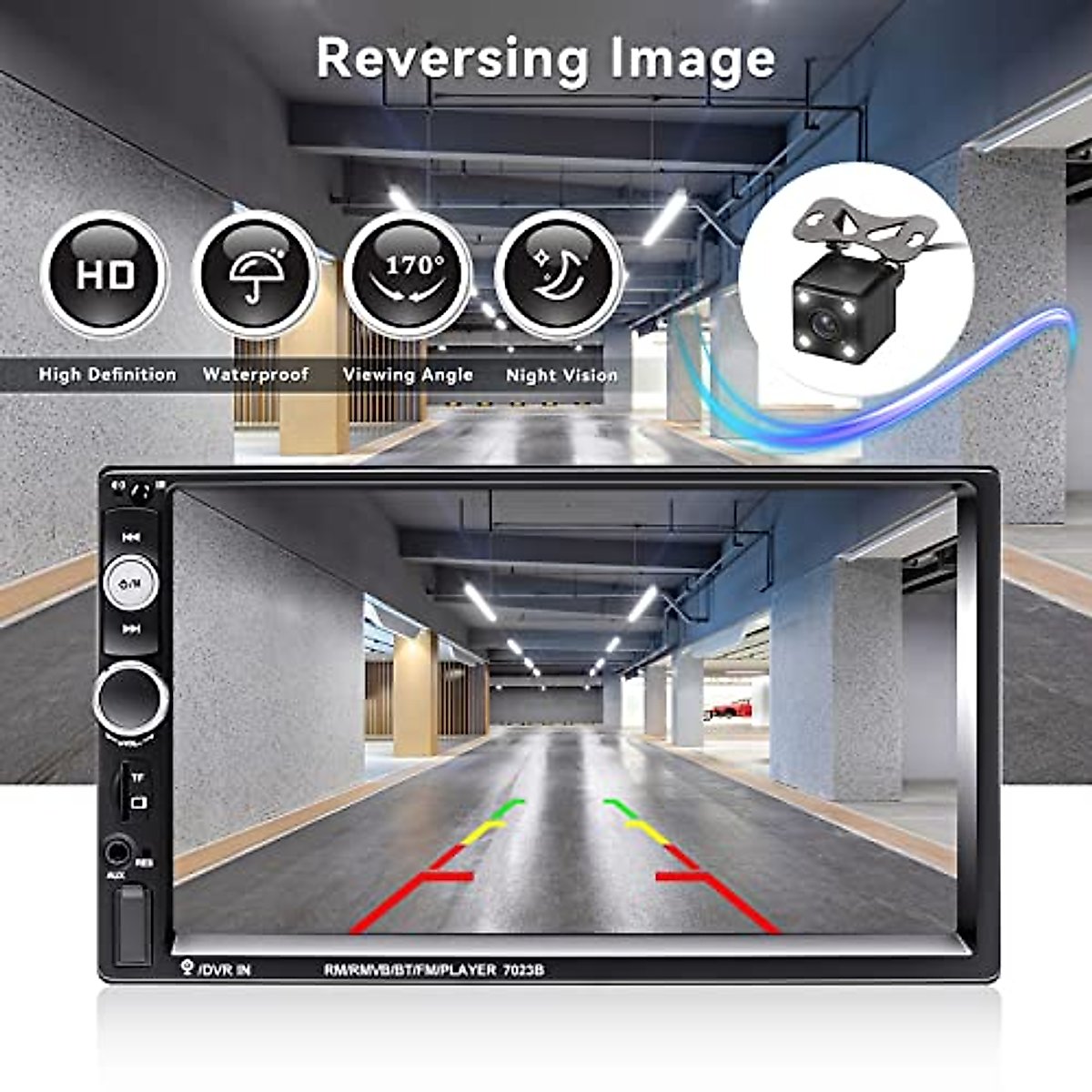 CAMECHO 7" Double Din Car Stereo Audio Bluetooth MP5 Player USB FM Multimedia Radio+ 4 LED Mini Backup Camera with Steering Wheel Remote Support Mobile Phone Synchronization (Used in Android/iOS)