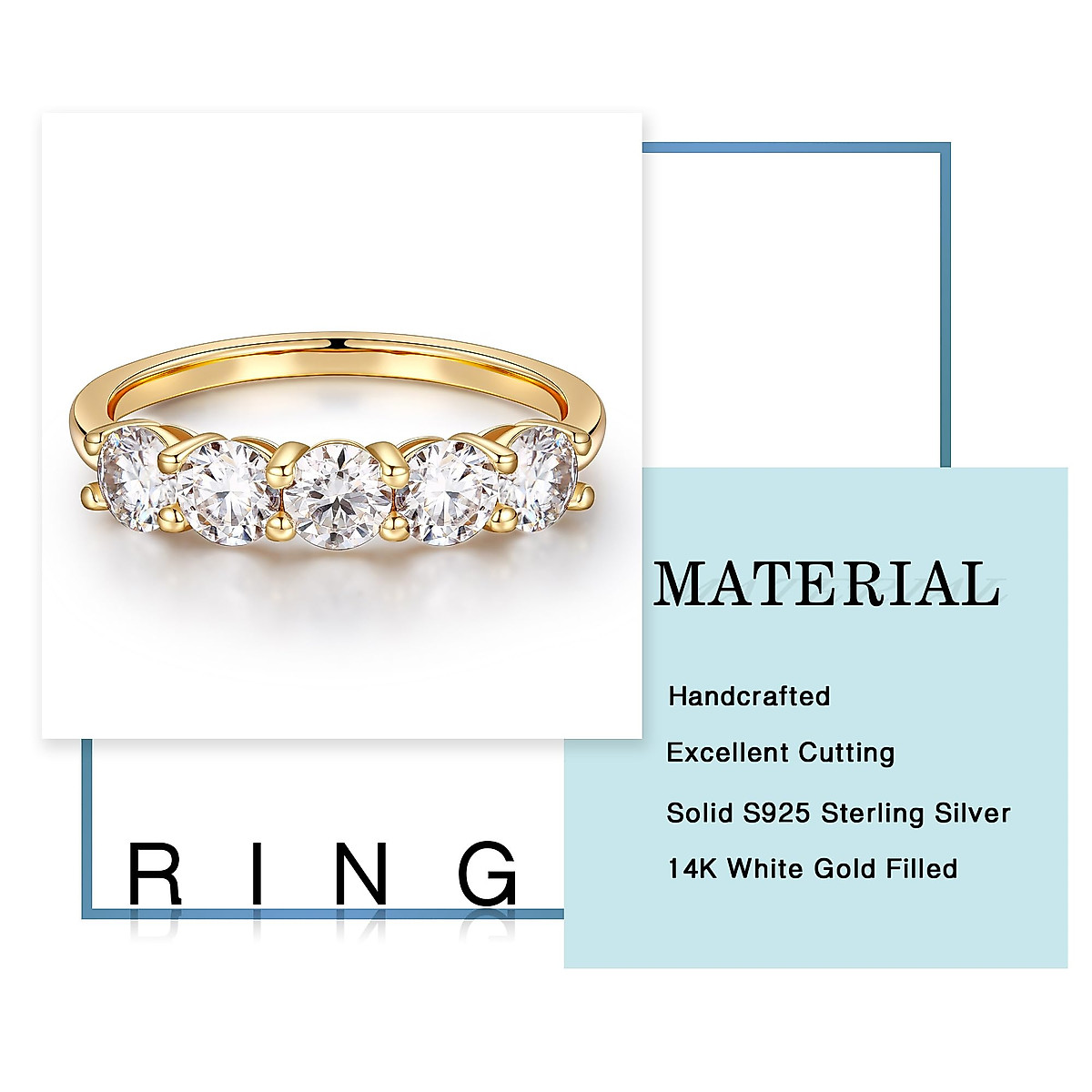 Moissanite 5 Stone Rings for Women, 3.75MM D Color VVS1 Clarity Conflict-Free Lab Created Diamond Anniversary Rings 14K Yellow Gold Filled Solid S925 Sterling Silver Moissanite Wedding Band for Women