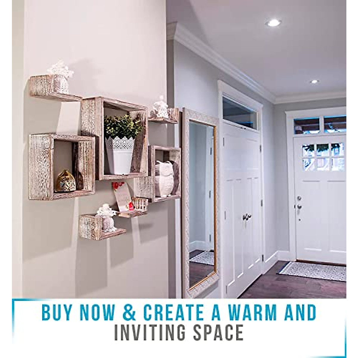 Comfify Rustic Wall Mounted Square Shaped Floating Shelves – Set of 7 – 3 Square Shelves and 4 L-Shaped Rustic Shelves – Screws and Anchors Included – Rustic Wall Décor - Rustic White