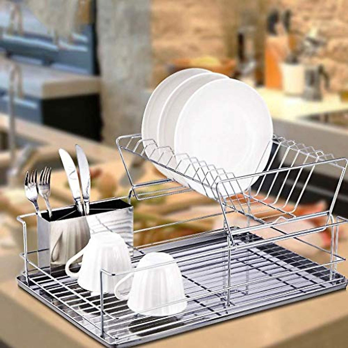 SDGH Stainless Steel Bowl Drain Rack - Double-Layer Tableware Storage Rack 47*33.5*32cm