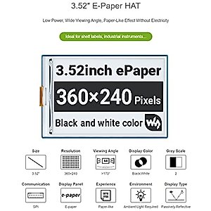 Waveshare 3.52inch E-Paper HAT Compatible with Raspberry Pi 4B/3B+/3B/2B/B+/A+/Zero/Zero W/WH/Zero 2W Supports Jetson Nano 360 × 240 Resolution SPI Interface Black/White Dual Colors