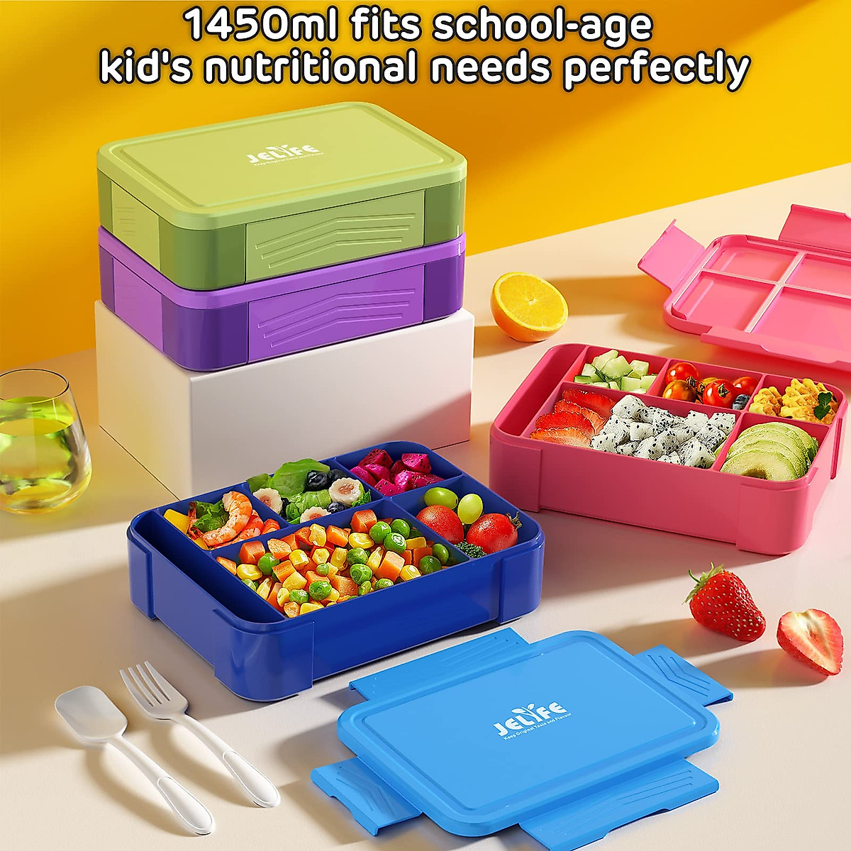 Jelife Bento Lunch Box for Kids - 1450ml Leakproof Kids Bento Box 6 Compartments Toddler Lunch boxes with Silverware for Back to School, Reusable LunchBox Snack Container for Daycare