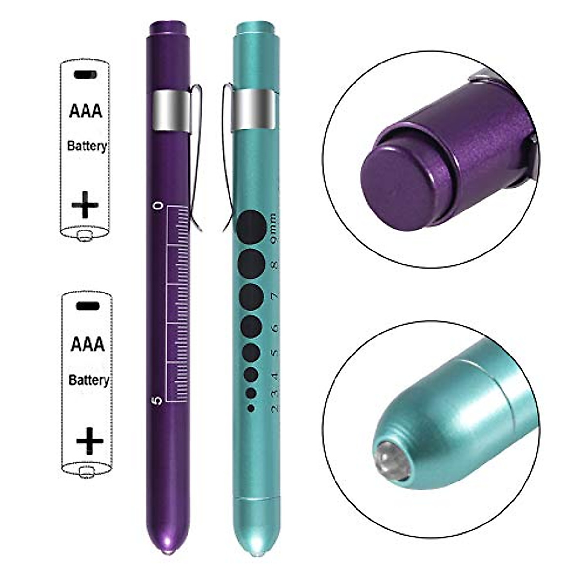 ALMOCN 2 Pack Pen Light,Nurse Medical Reusable LED Penlight White Light with Pupil Gauge and Ruler,Teal and Purple