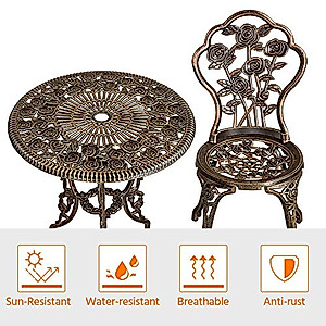 Yaheetech 3-Piece Outdoor Bistro Set w/Rose Design, Rust-Resistant Cast Aluminum Table and Chairs w/Umbrella Hole for Balcony Backyard Garden