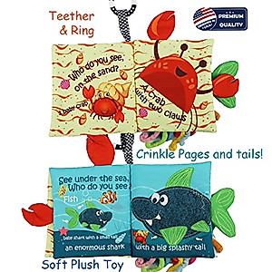 Soft Cloth Crinkle Books Touch Feel Baby Books 0-6 Months for Babies,Infants,Toddlers,Baby Boy Girl Toys 0-3 Months 6 to 12 Months 1-3 Years Old Shower Gifts Box, Sensory Toy Fish Octopus,Teether Ring