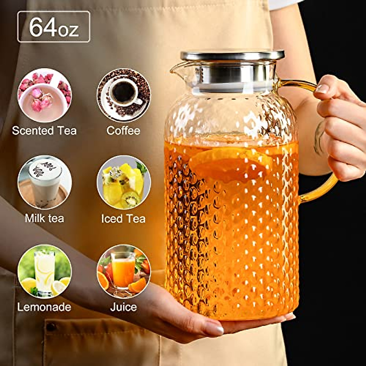 PARACITY Glass Pitcher Squama Designed 64 oz, High Borosilicate Water Pitcher, Iced Tea Pitcher with Lid and Spout, Large Bore Design for Easy Cleaning, for Cold/Hot Drinks, Iced Tea, Juice, Milk