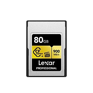 Lexar Professional 80GB CFexpress Type A Gold Series Memory Card, Up to 900MB/s Read, Cinema-Quality 8K Video, Rated VPG 400 (LCAGOLD080G-RNENG)