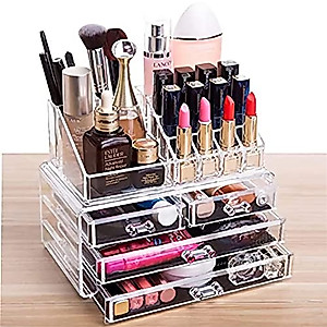 Cq acrylic Clear Makeup Organizer And Storage Stackable Skin Care Cosmetic Display Case With 4 Drawers Make up Stands For Jewelry Hair Accessories Beauty Skincare Product Organizing,Set of 2