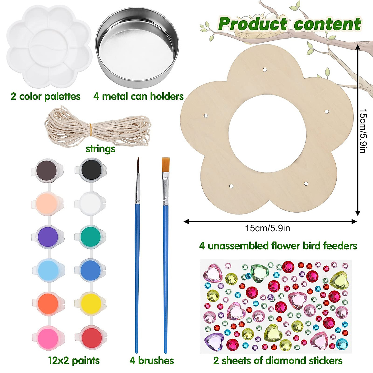 HOLICOLOR 4 Pack Arts and Crafts Bird Feeders Wooden DIY Painting Kits Garden Outdoor Activities for Children Girls Boys Easter Gift Age 3-5 4-8 8-12