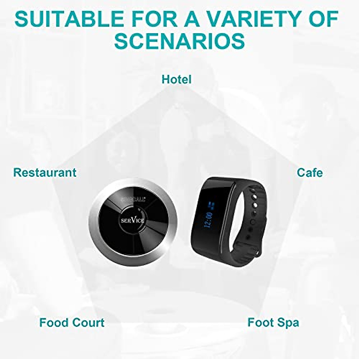 SINGCALL Wireless Calling System, Nurse Call System, 360 Degree Waterproof Pager Watch Receiver, No Screw Pager, Pack of 5 Pagers and 1 Receiver