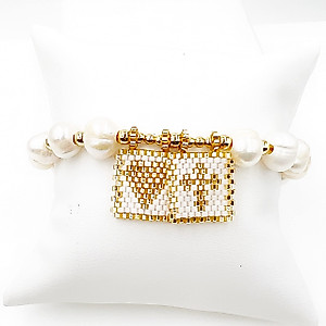 LESLIE BOULES White Gold Scapular Love Bracelet for Women Baroque Pearls Beads