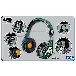eKids Book of Boba Fett Bluetooth Headphones, Wireless Headphones with Microphone Includes Aux Cord, Kids Headphones for School, Home, or Travel