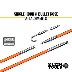 Klein Tools 56312 Lo-Flex Fish Rod Set, with Splinter Guard Coating and Stainless Steel Connectors, Bullet Nose and Hook Attachments, 12-Foot