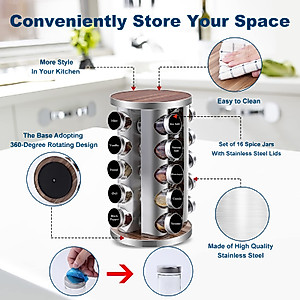Rotating Spice Rack Organizer for Cabinet, 20 Jars Revolving Seasoning Organizer for Kitchen, Stainless Steel Spice Tower for Countertop with Reuseable Labels and Funnel