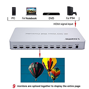 4K HDMI 3x3 Video Wall Controller with Al Audio | 9 Channels | HDMI 1.4, HDCP1.4 | 1 HDMI Input & 9 Outputs | 15 Display Modes - 1x2, 1x3, 1x4, 2x1, 2x2, 2x3, 2x4, 3x1, 3x2, 3x3, 4x1, 4x2