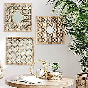 WHW Whole House Worlds Hamptons Lattice Framed Mirrors, Set of 3, Square Panels, Brilliant Reflective Glass, Rustic Wood Grain, MDF, 11.75 x 11.75 Inches