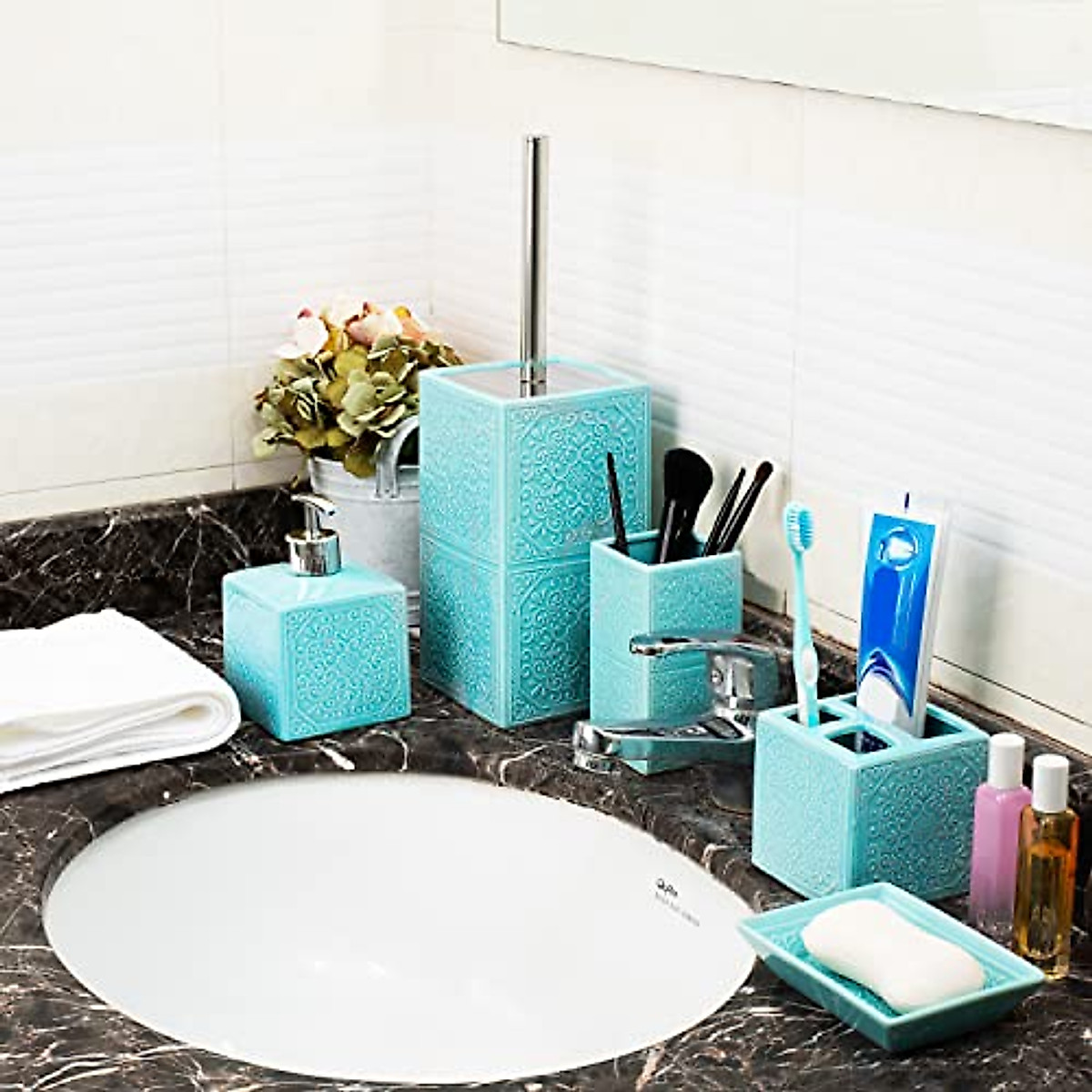 5 Pcs-Teal Blue Bathroom Accessories Sets Complete- Bathroom Accessories Set- Bathroom Accessory Set -Bathroom Accessories- Bathroom soap Dispenser Set