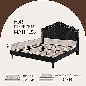WEEWAY Queen Bed Frame with Velvet Tiara Curved Headboard and High Resilience, Upholstered Diamond Button Tufted Platform Bed with Wood Slats/No Box Spring Needed/Easy Assembly/Black