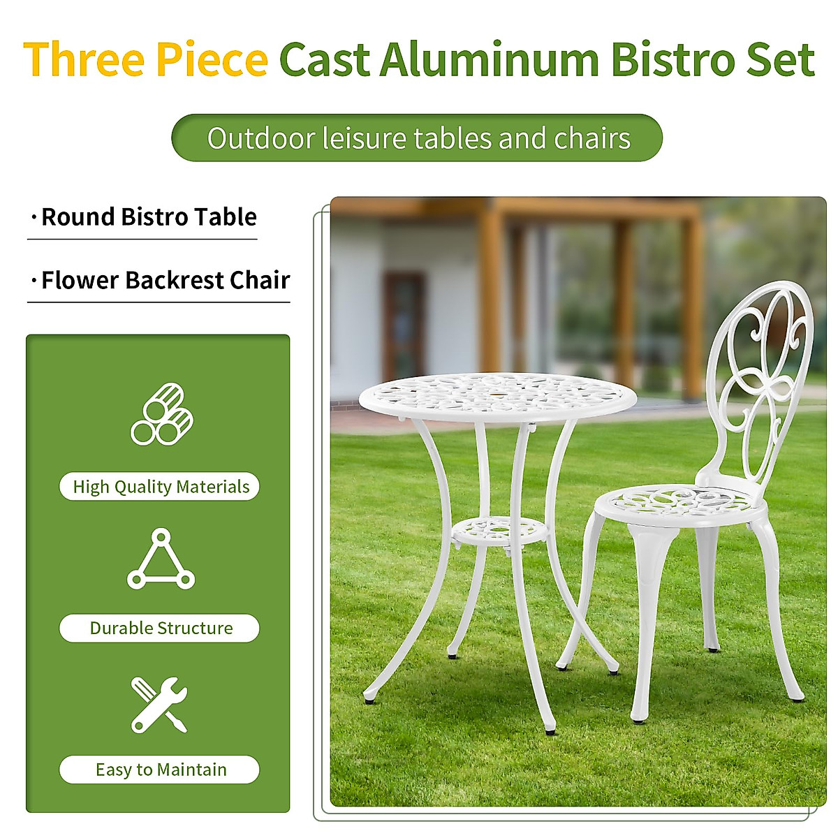 Withniture Outdoor Patio Bistro Set 3 Piece All Weather Bistro Table and Chairs Set of 2 with Umbrella Hole,Cast Aluminum Outdoor White Bistro Set, Patio Furniture Set for Garden,White