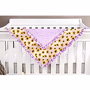 Top Tots Baby Blanket - Small Sunflowers with Purple Minky Dot & Satin Ruffle, 31 x 31 Inch Yellow