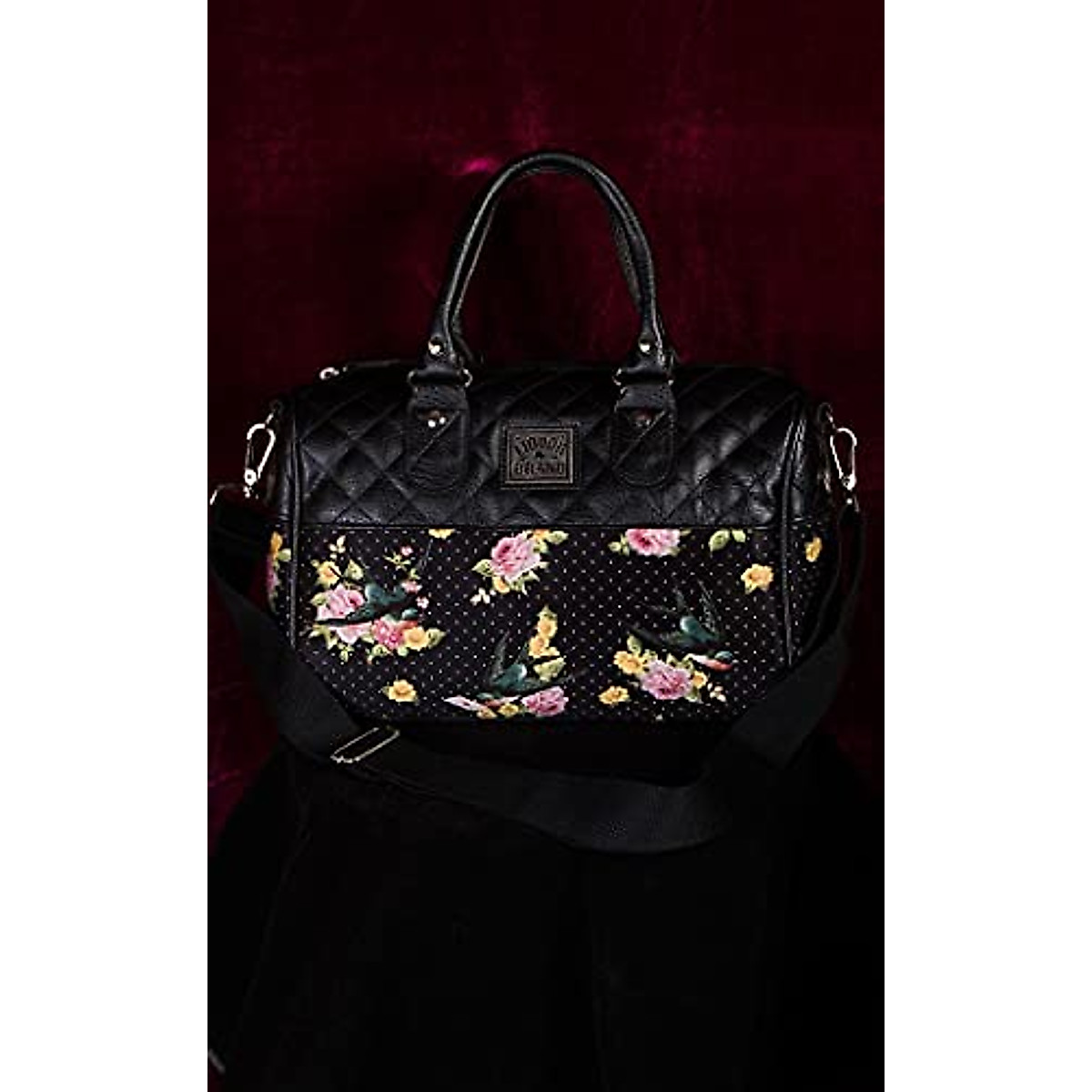 Liquorbrand Sparrows Womens Satchel Purse Quilted Faux Leather Shoulder Bag Flowers and Polka Dot Handbag