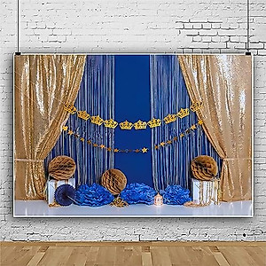 Yeele 12x8ft Blue Backdrop Wedding Birthday Party Decorations Gold Curtain Crown Flowers Photograph Background Anniversary Ceremony Decor Photo Banner Vinyl Backdrop Photo Booth Props