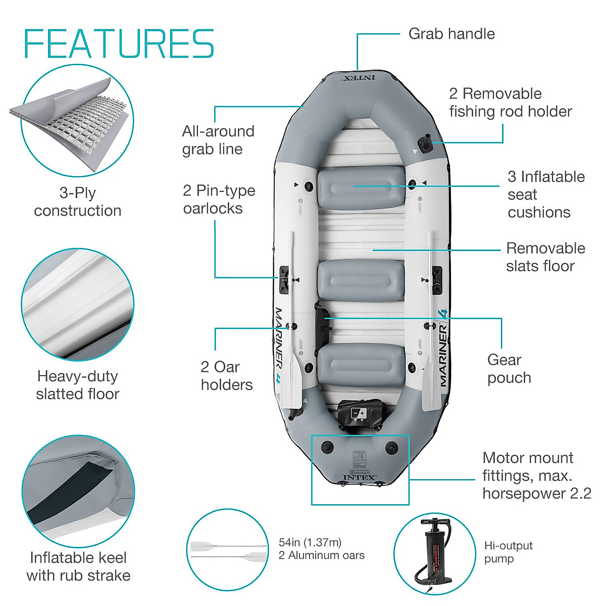 INTEX 68373EP Mariner 3 Inflatable Boat Set: Includes Deluxe 54in Boat Oars and High-Output Pump – Wear-Resistant Keel – Removable Fishing Rod Holders – 3-Person – 880lb Weight Capacity