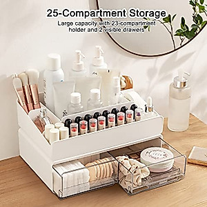 Makeup Organizer, 12-Inches Wide, 25-Compartment Holder for Cosmetics, Skin Care Products, Stackable Make Up Storage Organizer with 2 Drawers, Cosmetic Display Cases for Vanity Countertop Bathroom