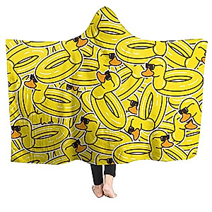 Hooded Blanket, Duck Swimming Ring Tropical Summer Cartoon Pattern Anti Pilling Flannel Print Wearable Blanket Fleece Throw Blanket Wrap Soft Microfiber Novelty Blanket 60x50 Inch