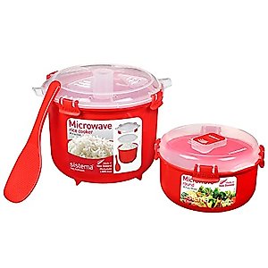 Sistema Microwave Rice Cooker and Steamer Bowl for Vegetables with Steam Release Vent, Dishwasher Safe, Red