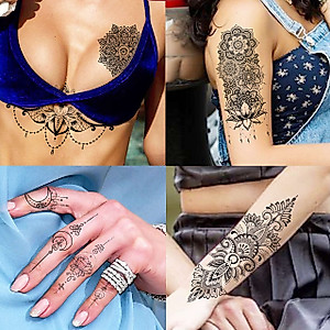 COKTAK 6 Pieces/Lot Unique Black Henna Temporary Tattoo Stickers For Adults Women Girls Feather Mandala Flower Body Art Large Big Arm Tattoos Sheet Lace Indian Mehndi Sexy Wedding Tatoos OWL