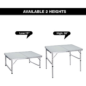 Cimiva Aluminum Folding Table 3 Foot, Adjustable Height Lightweight Portable Camping Table for Picnic Beach Outdoor Indoor, White 36 x 24 inch (3-Feet (2 Heights 15"/28"))