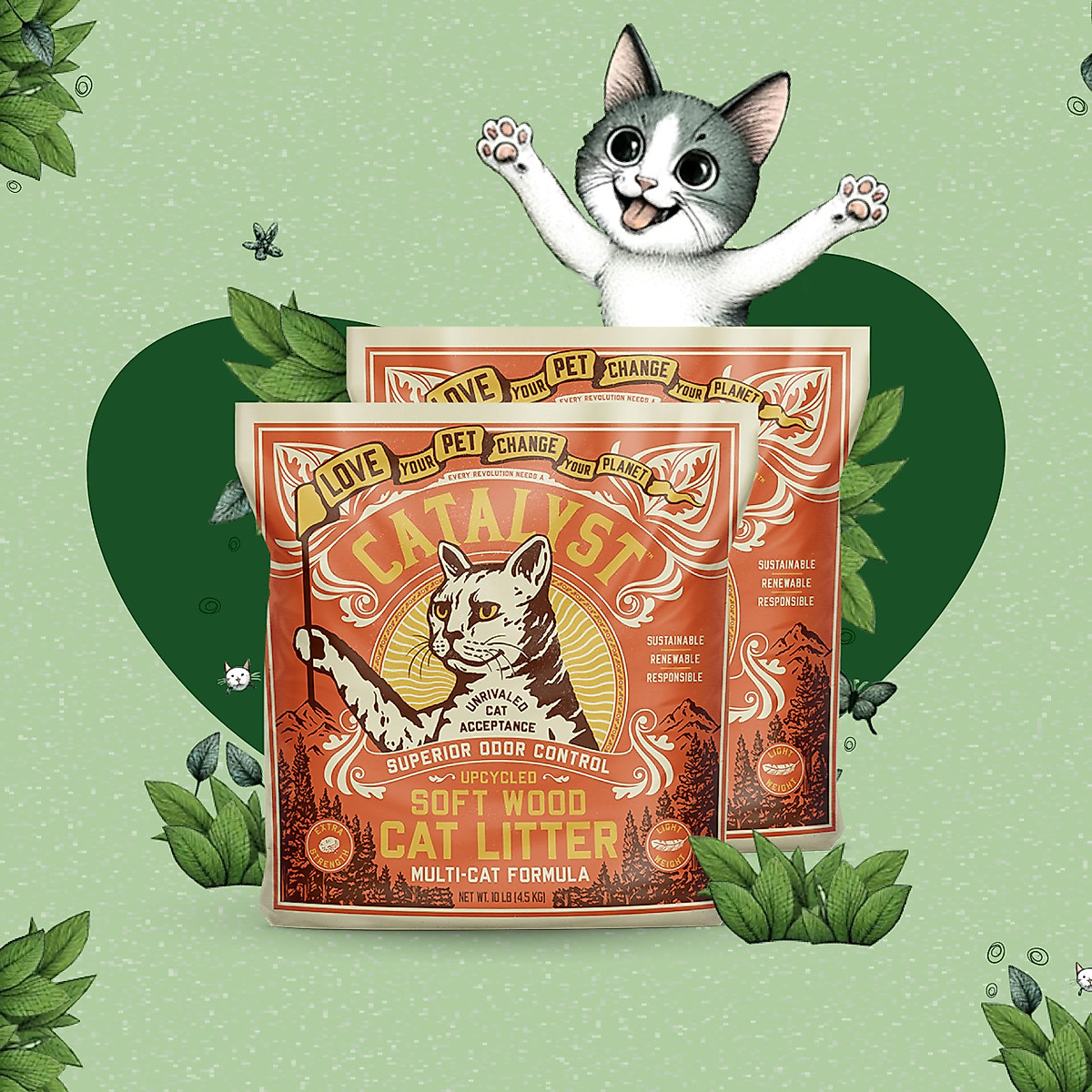 Catalyst Natural Soft Wood Cat Litter (2 Pack, 10lb Bags) - Superior Odor Control, Strong Clumping, Low Dust, and Biodegradable (10lb, Set of 2, Multi Cat)