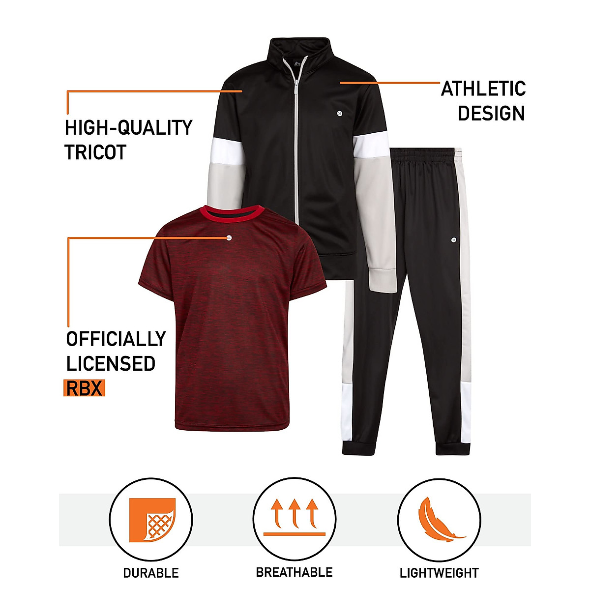 RBX Boys' Jogger Set - 3 Piece Tricot Sweatshirt, Sweatpants, and T-Shirt Tracksuit (8-12), Size 8, Black Red Space Dye