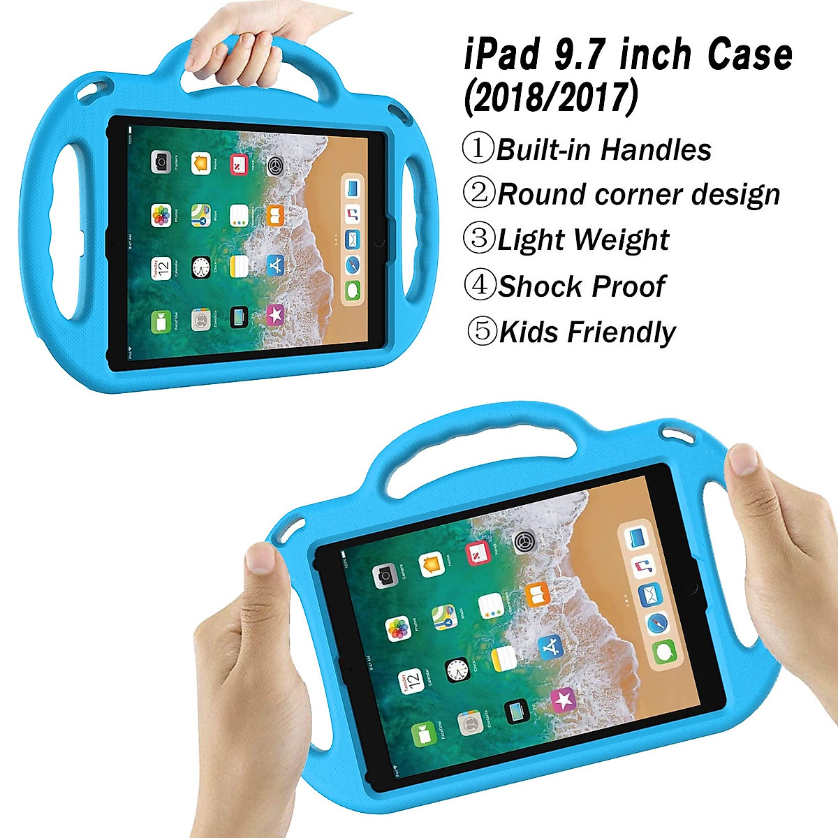 LTROP Kids Case for iPad 5th/6th Generation (2017/2018) & Air 2, Shoulder Strap Handle Stand Shockproof Bumper Cute Kid Case for iPad 9.7 Inch, Blue