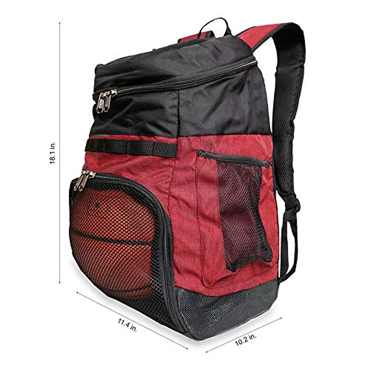 Xelfly Basketball Backpack with Ball Compartment – Sports Equipment Bag for Soccer Ball, Volleyball, Gym, Outdoor, Travel, Team – 2 Bottle Pockets, Includes Laundry or Shoe Bag – 25L (Red)