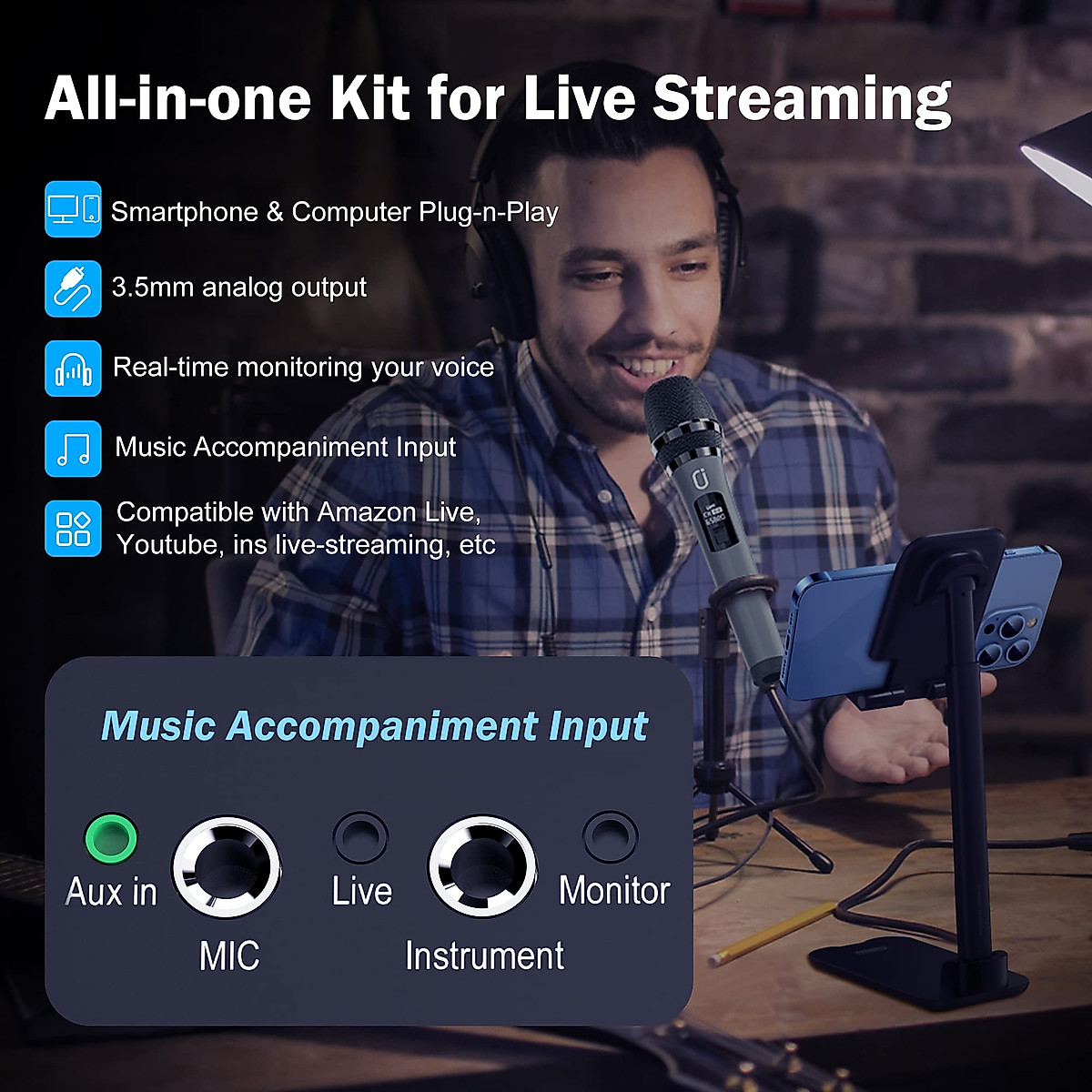 JYX Karaoke Machine with 3 Microphones,Livestream Speaker PA System Sbuwoofer with 8 Sound Effects,Lyrics Display Holder,LED Lights,Treble/Bass Adjustment, Support TWS/REC/FM/USB/SD/AUX-in