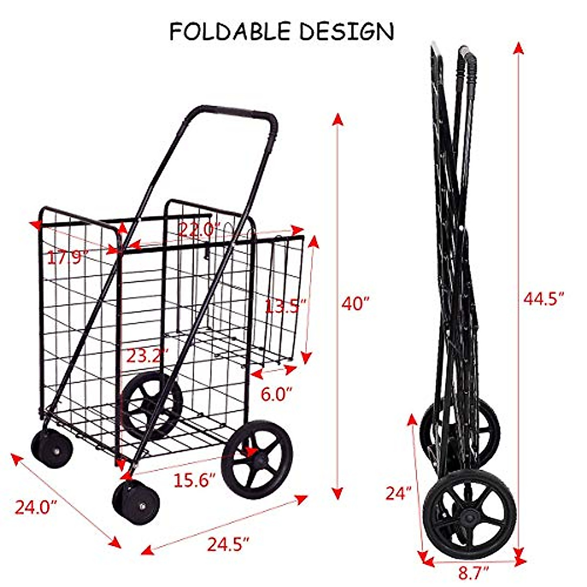 Goplus Jumbo Folding Shopping Cart with Rolling Swivel Wheels, Foldable Grocery Cart on Wheels with Double Basket, Heavy Duty Utility Cart, Shopping Carts for Groceries Laundry Book Luggage Travel