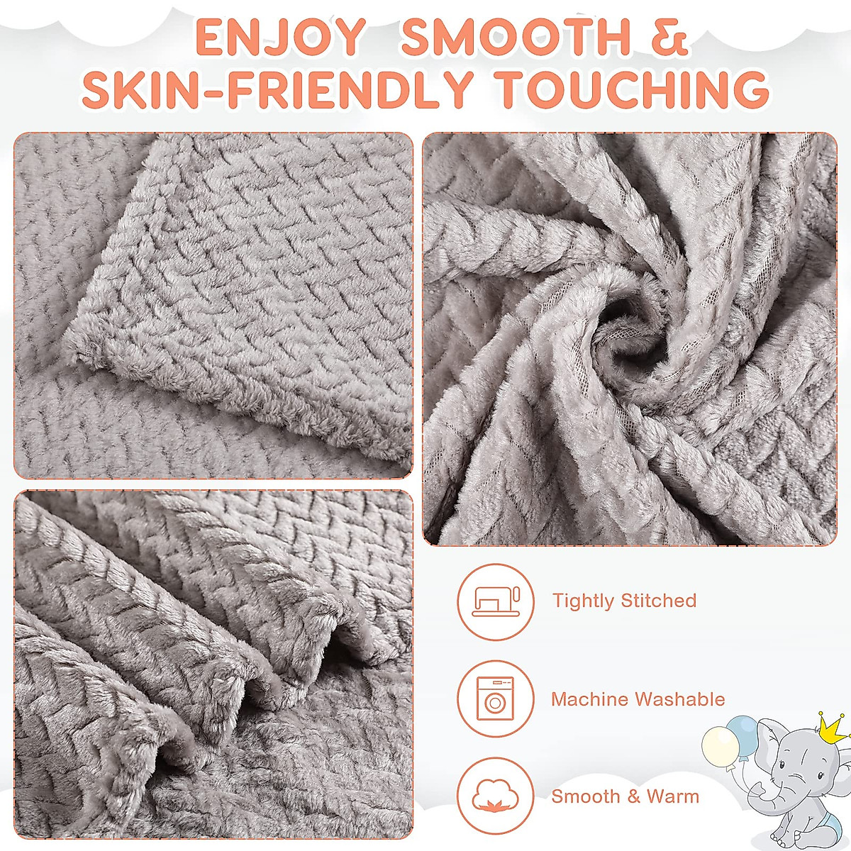 4 Pcs Baby Blankets Toddler Blanket Flannel Fuzzy Plush Flannel Fleece Baby Blankets Soft Warm Throw Crib Blanket, Nursery Swaddling Blankets for Girls Boys Kids Bedding, Gray, 26 x 32 Inch