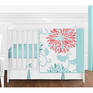 Sweet Jojo Designs Turquoise and Coral Floral Wall Art Prints Room Decor for Baby, Nursery, and Kids for Emma Collection - Set of 4 - Live Laugh Love