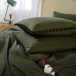 ETDIFFE Dark Olive Green Duvet Cover Queen Size, 3 Piece Boho Bohemian Farmhouse Pom Microfiber Bedding Comforter Cover Set, Soft and Lightweight Quilt Cover (90x90)