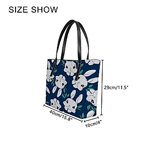 Blue Navy Blue Cute Kawaii Cartoon Animal White Bunny Tote Bag for Women Leather Handbags Women's Crossbody Handbags Work Tote Bags for Women Coach Handbags Tote Bag with Zipper.