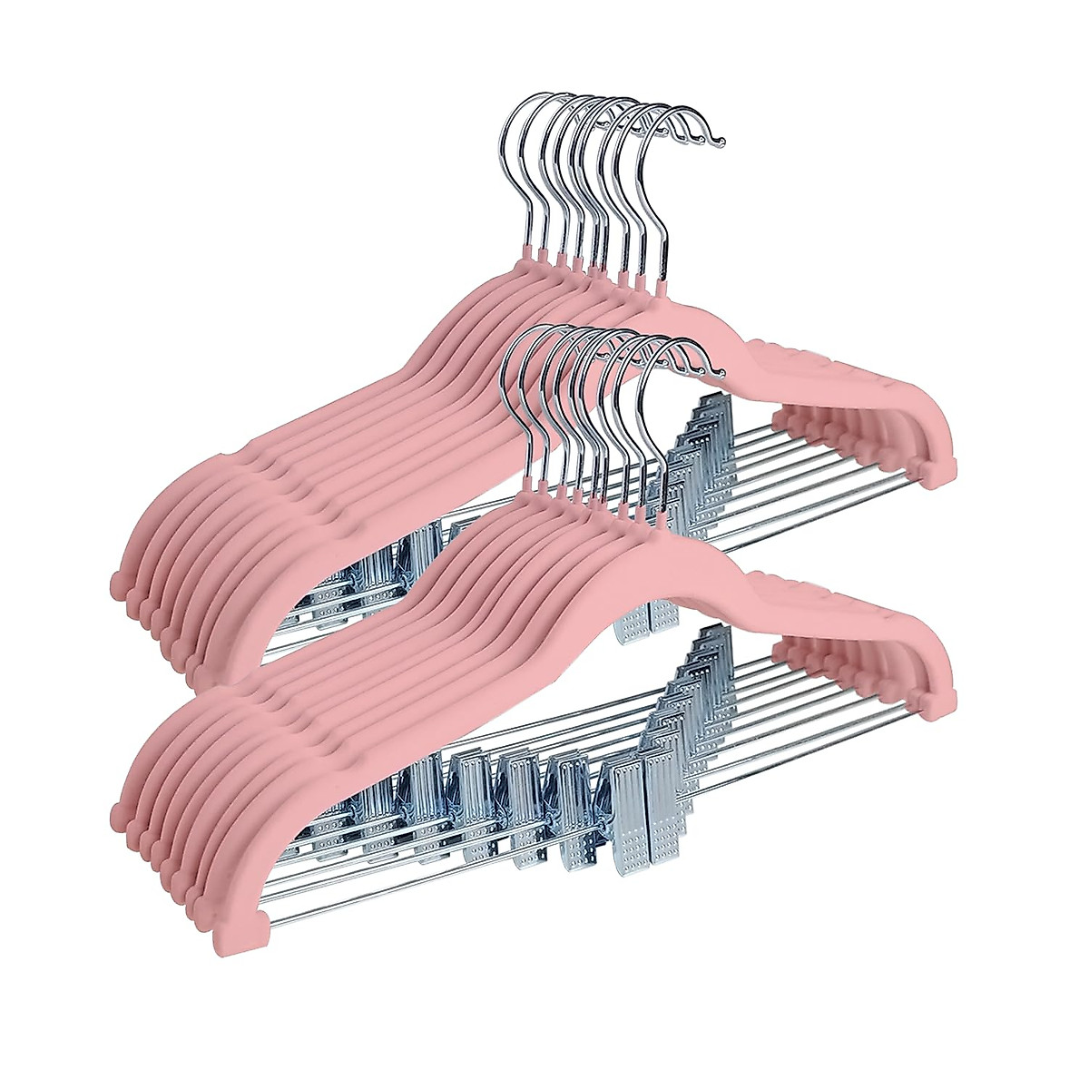 ManGotree Trouser Hangers with Movable Clips, Non-Slip Velvet Clothes Hangers, Space-Saving Skirt Hangers for Shirts, Pants, Dresses, Skirts, Coats (18 Pack, Pink)