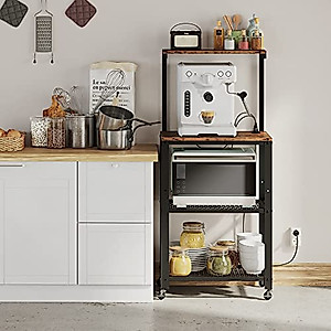 IRONCK Bakers Rack with Power Outlet, Industrial Microwave Cart with Wheels 3-Tier Coffee Bar for Kitchen Living Room Vintage Brown