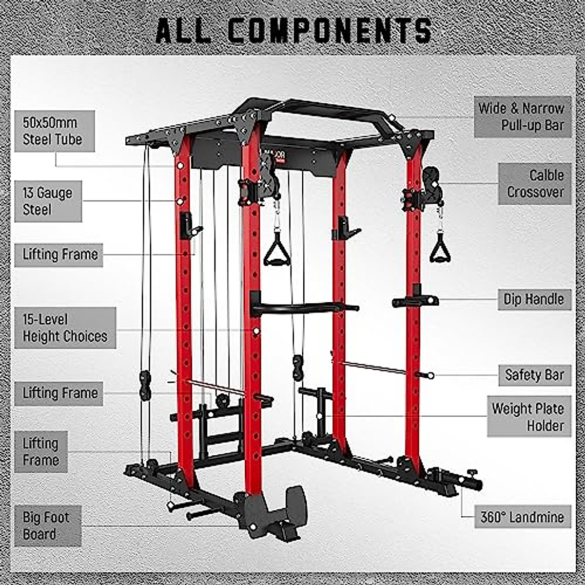 MAJOR LUTIE Power Cage with 230LBS Competition Bumper Plates and Olympic Barbell, PLM03 All-in-One Power Rack with Adjustable Cable Crossover System and Exercise Machine Attachment Red