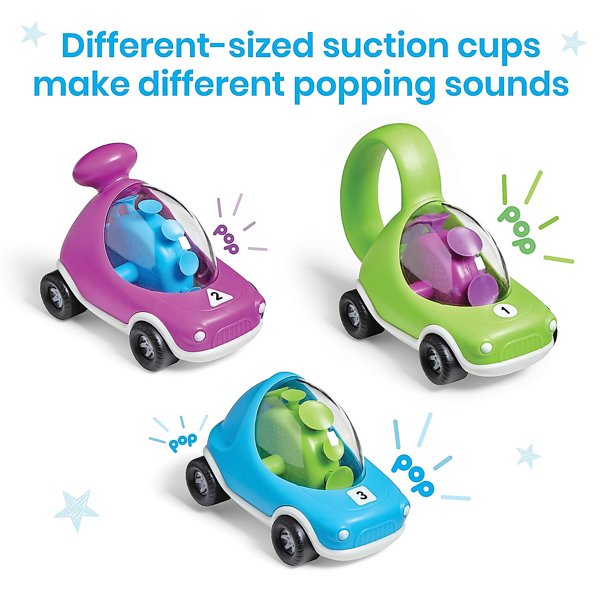 Hand2Mind Popping Fidget Cars - Suction Cup Toys for Fine Motor Skills, Toddler & Preschool Sensory Play, Anxiety Relief (Set of 3)