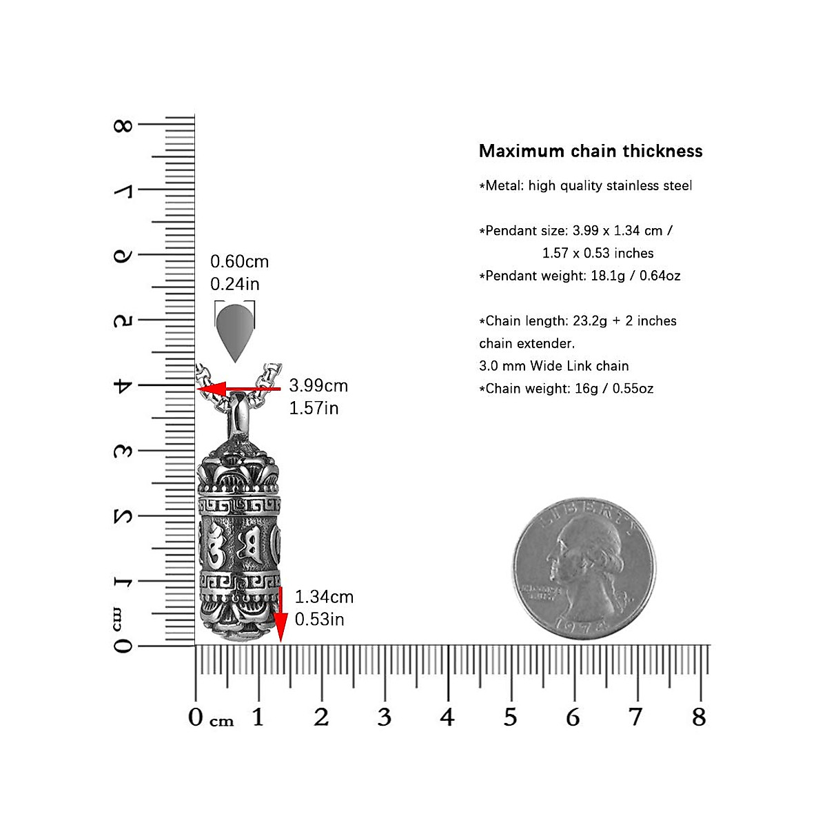 HZMAN Tibetan Buddhism Meditation Stainless Steel Pendant Commemorative Cremation Ashes Pill Cylinder Container Necklace 22+2 Inch Chain (cylindrical)