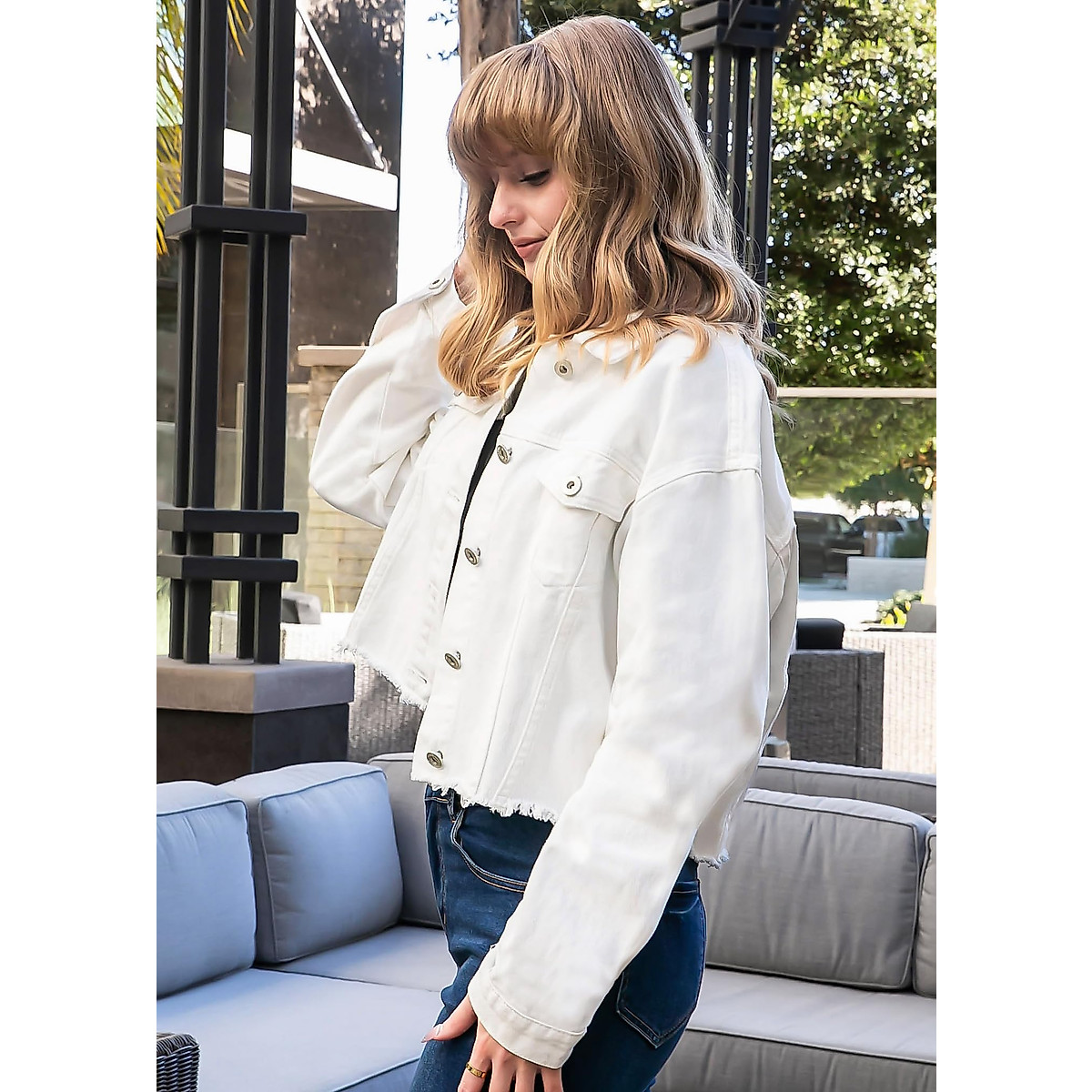 Anna-Kaci Women's Denim Jacket Cropped Raw Hem Casual Button Down Jean Jacket with Pockets, White, Large