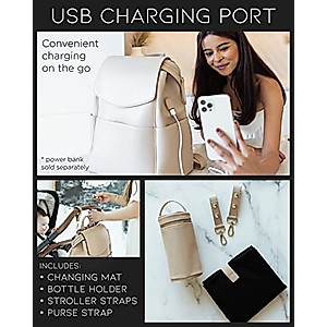 MIA + SOPHIA Leather Diaper Bag Backpack with Changing Pad, Stroller Straps, Bottle Holder (Beige Olivia)